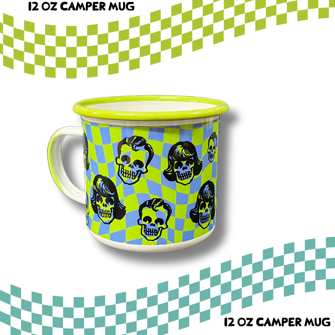12oz Camper Mug – Teal & Green Checkered Skeletons – Rad Coffee